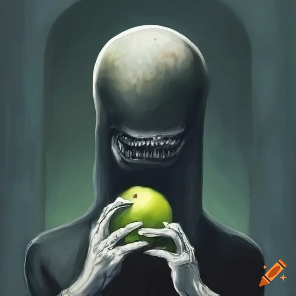 Surreal painting of a xenomorph eating an apple on Craiyon