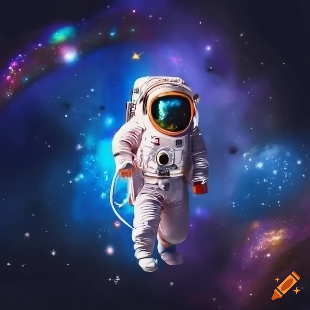 Boy astronaut exploring colorful galaxies in space