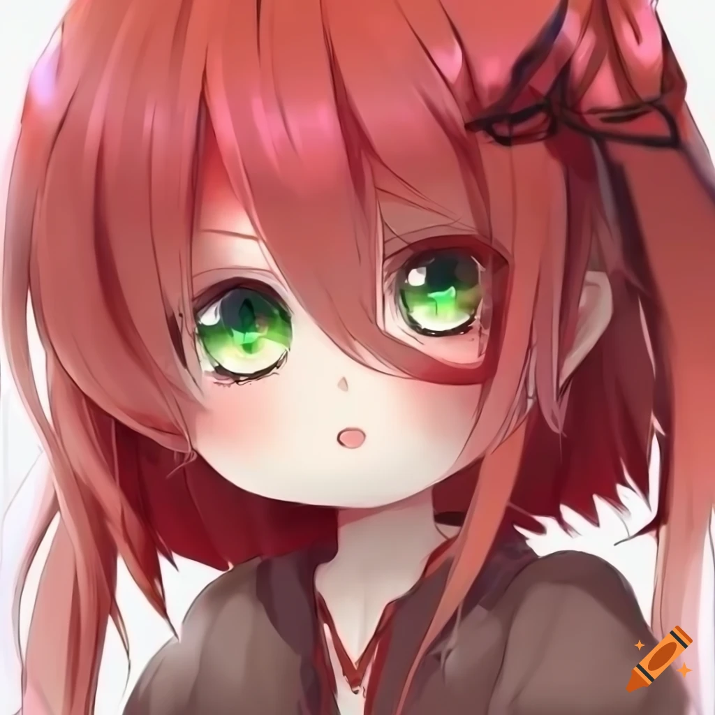 Red-haired chibi anime girl with green eyes