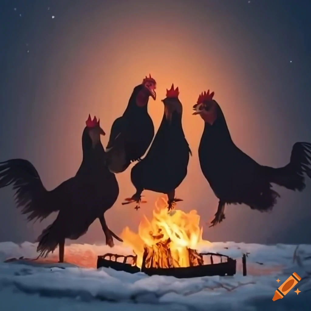 Chickens dancing around a fire in winter on Craiyon