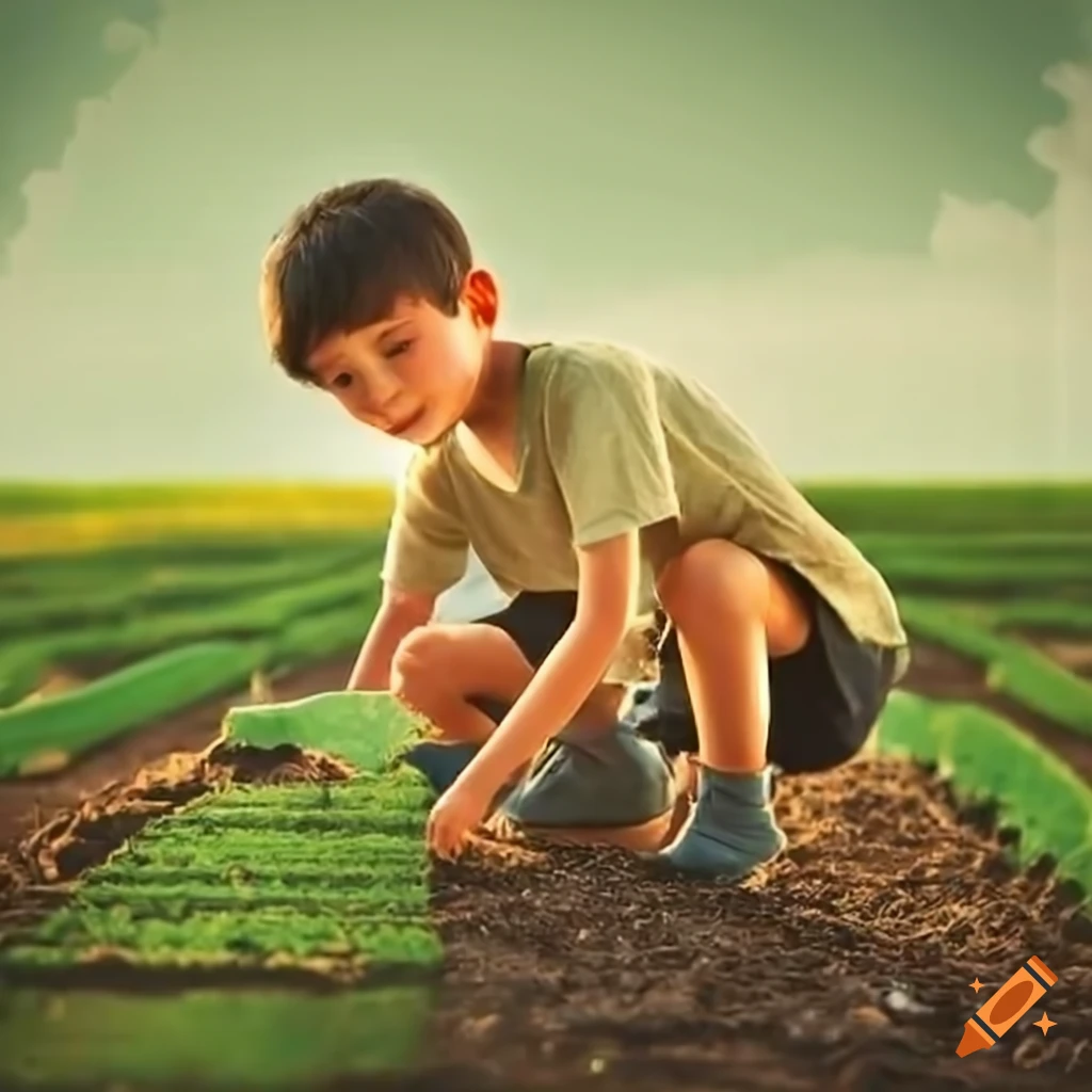 Young boy working in field