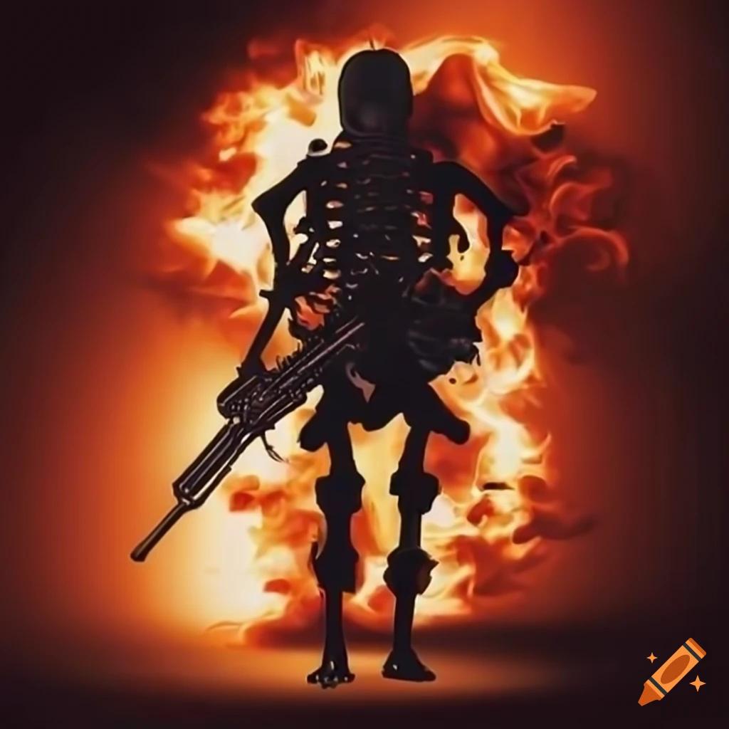 Skeleton with dual machine guns in fire background on Craiyon