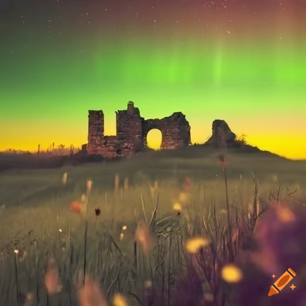 Sunset landscape with flowers and metallic orb on Craiyon