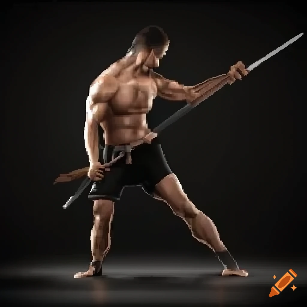Pixel art of a fit man attacking with a sword on Craiyon