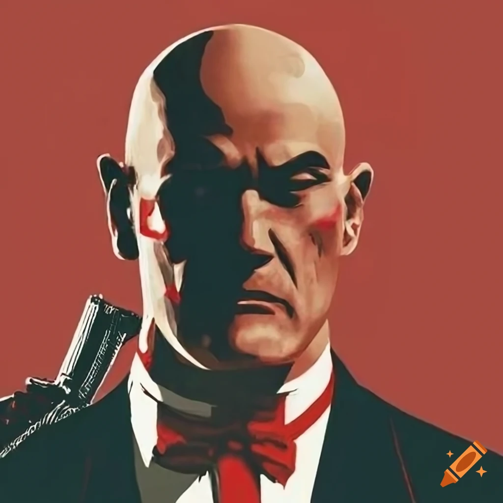 Red propaganda poster featuring a mysterious hitman on Craiyon