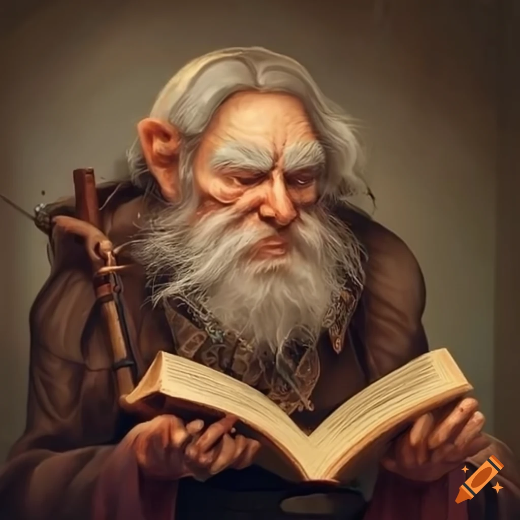 Image of an old gnomish scholar engineer with a large book