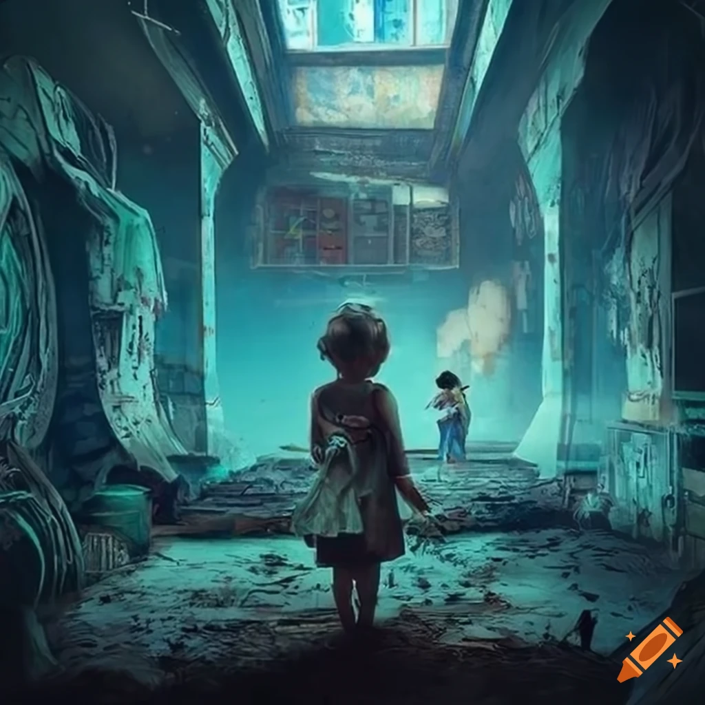 Surreal artwork with abandoned children in futuristic gaming ...