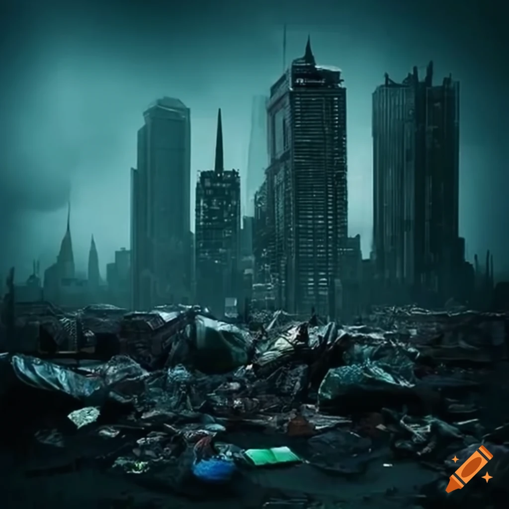 Skyscrapers in a dystopian city surrounded by garbage on Craiyon