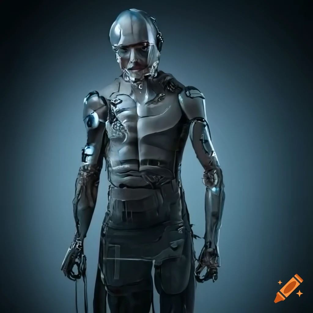 Image of an old cyborg wrapped in transparent plastic with cables on ...