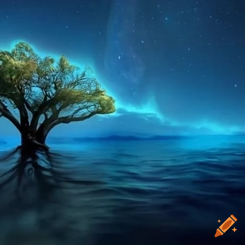 View of glowing azure oceans and giant trees from space on Craiyon