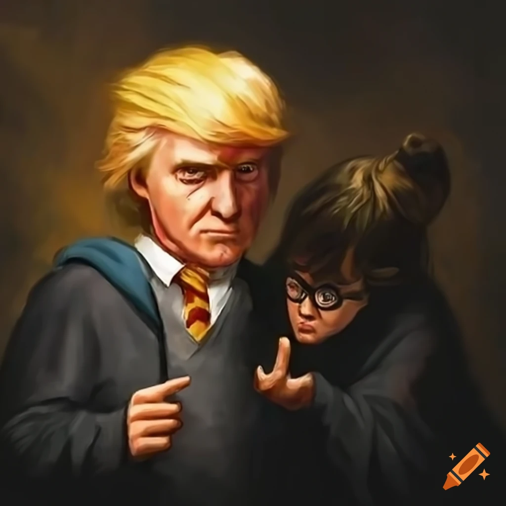 Harry potter and donald trump in a wizard duel painting