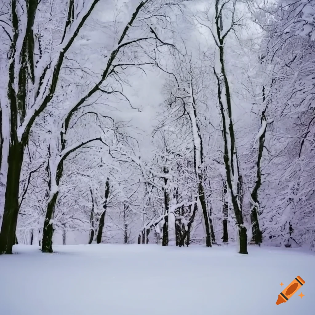 Bright snowy landscape with trees under a white sky