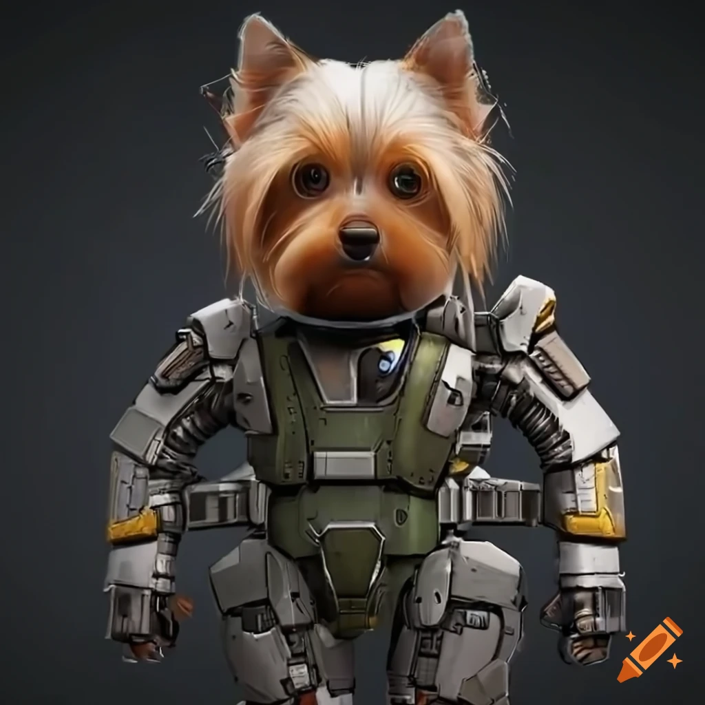 Photorealistic illustration of a yorkie in a mech suit on Craiyon