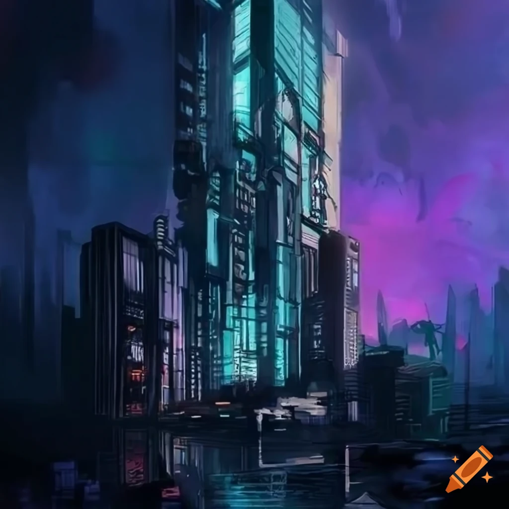 Cyberpunk style drawing of a futuristic building