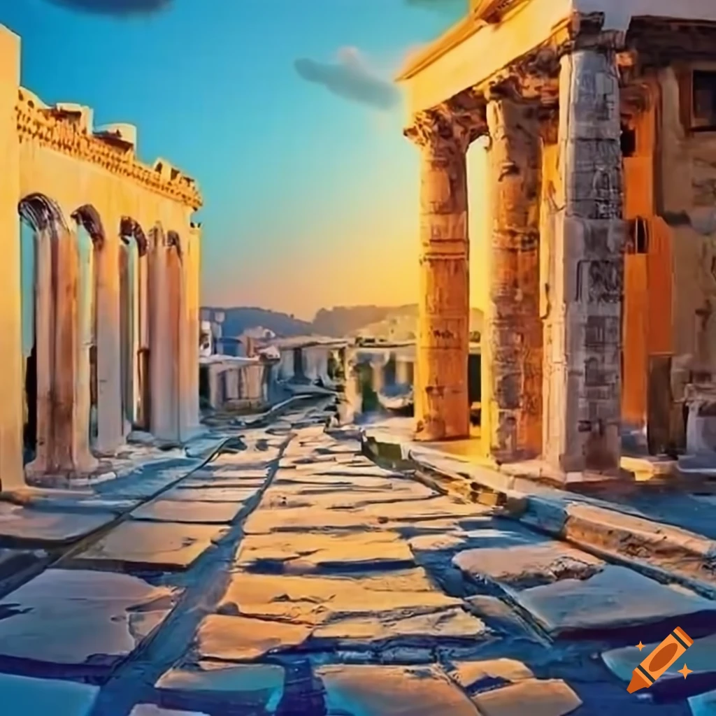 Pictorial representation of a paved street in an ancient Greek city on ...