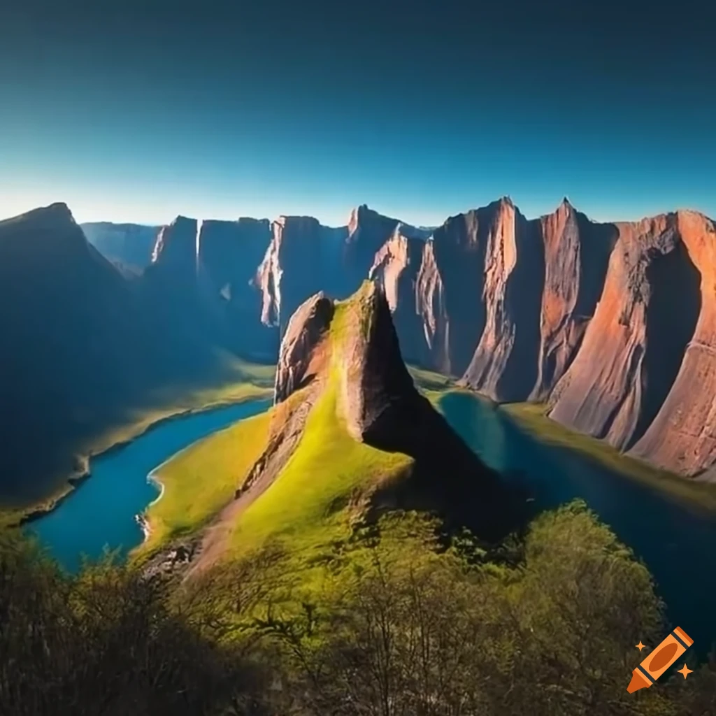 Scenic view of an island surrounded by mountains on Craiyon