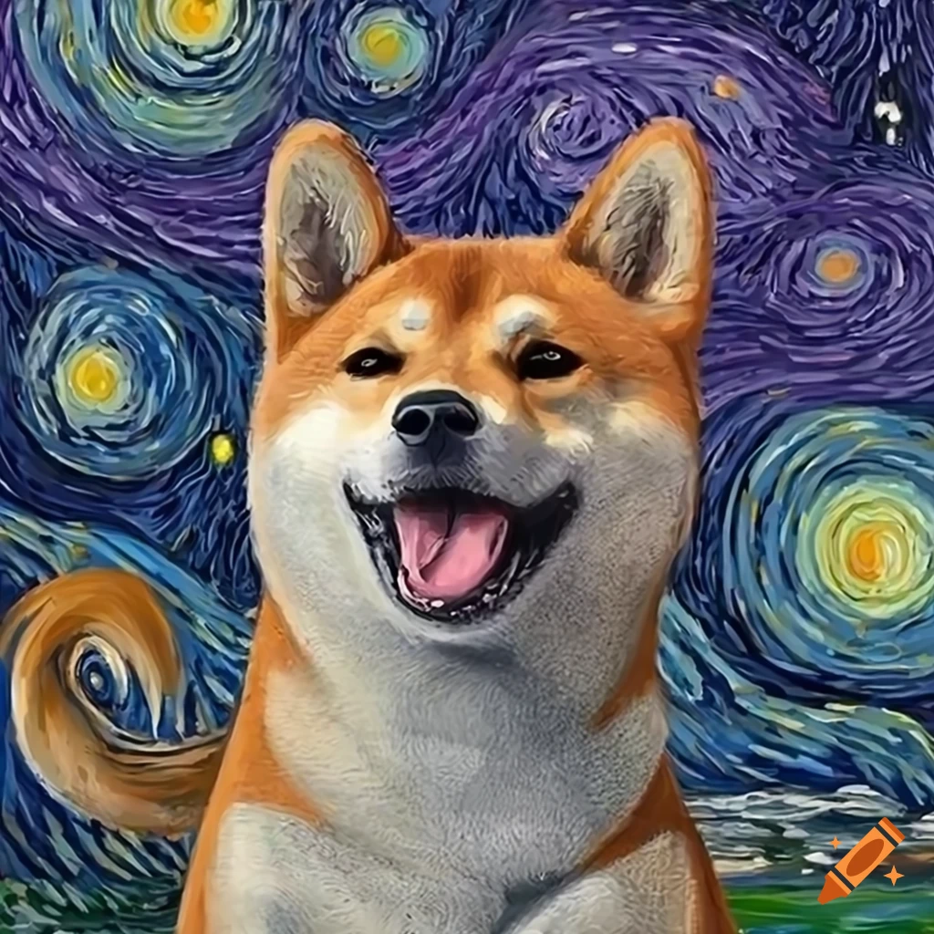 Starry night painting with a shiba inu