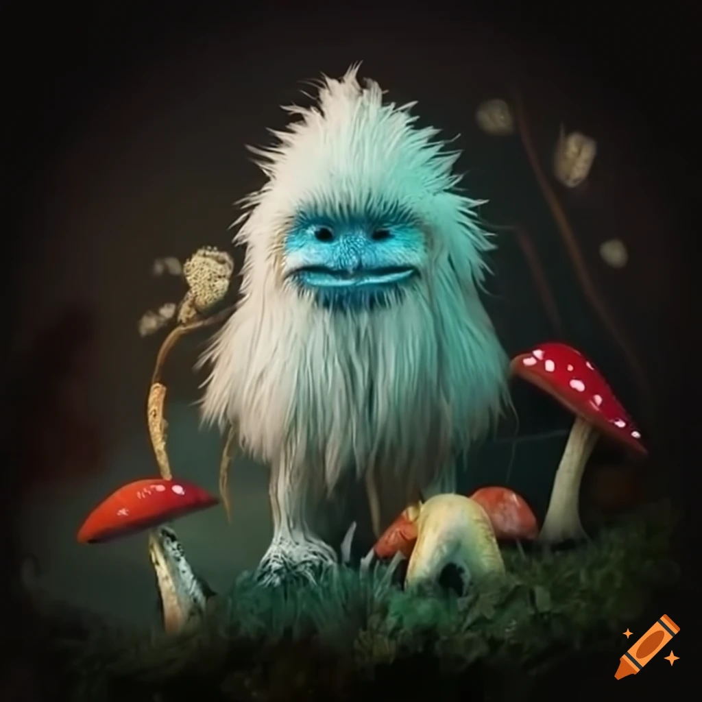 Image of a yeti-rooster with magical mushrooms on Craiyon