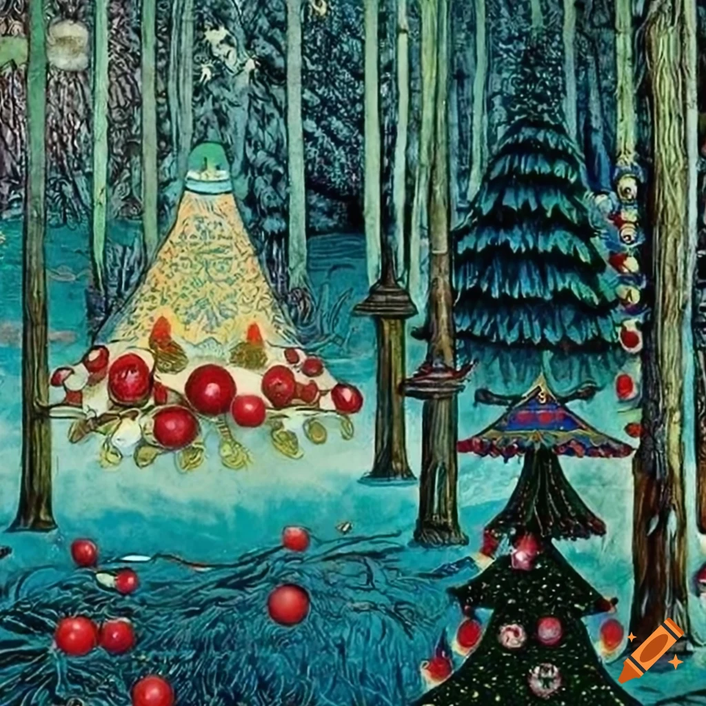 Intricate illustration of a festive Christmas forest scene on Craiyon