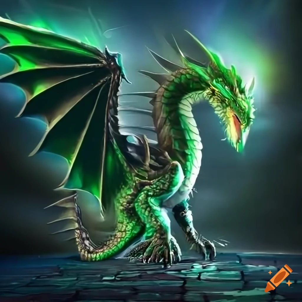 Digital art of a fierce dragon flying through a dimensional background