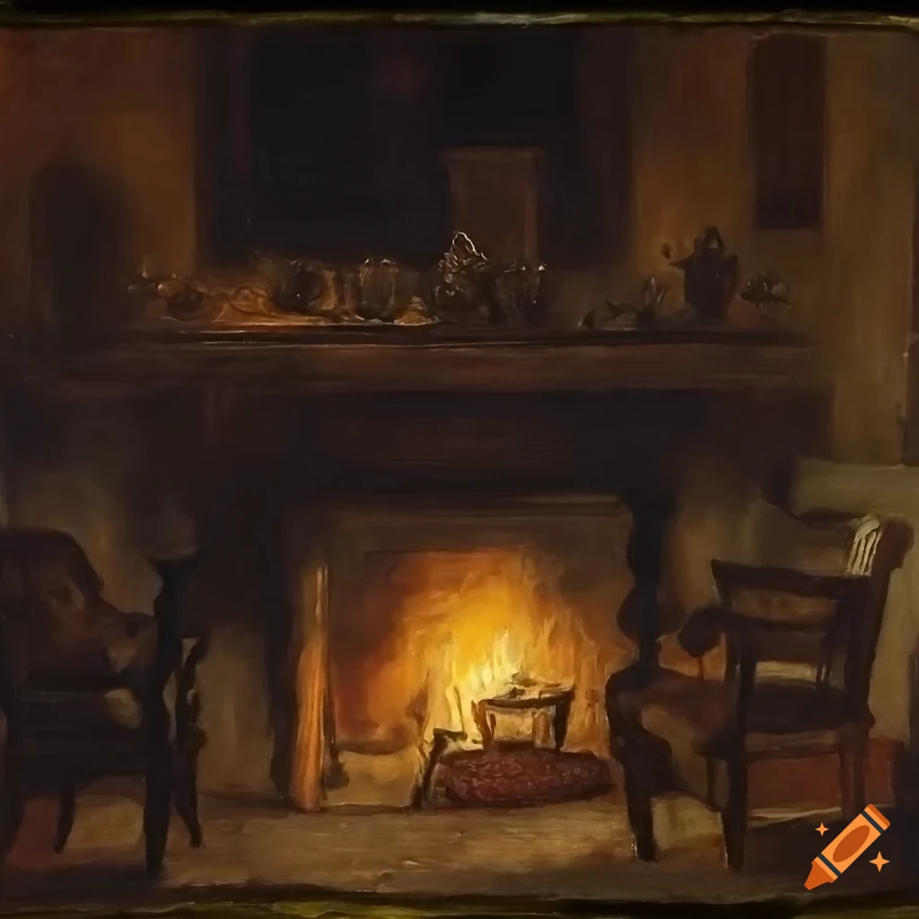 Detailed oil painting of a medieval room with fireplace on Craiyon