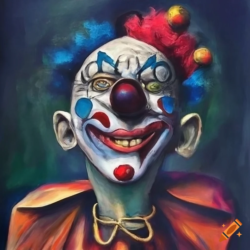 Surrealist dark circus painting with clowns and various objects on Craiyon