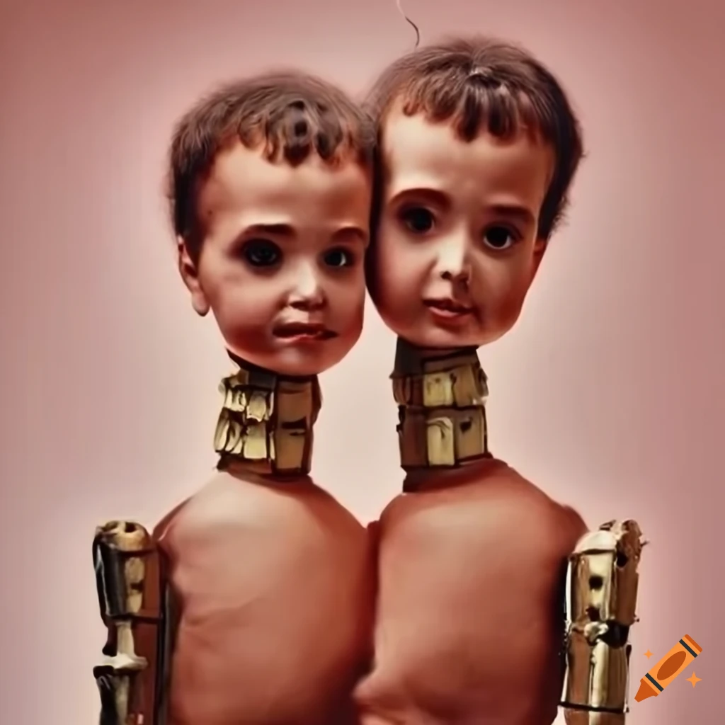 Retro colored photo of conjoined twins automaton on Craiyon