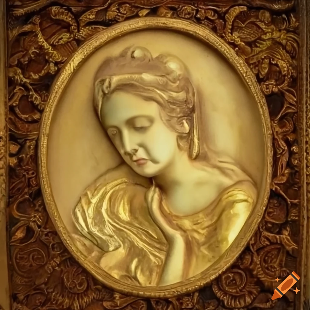 Antique gold relief of a lady with a mournful expression on Craiyon