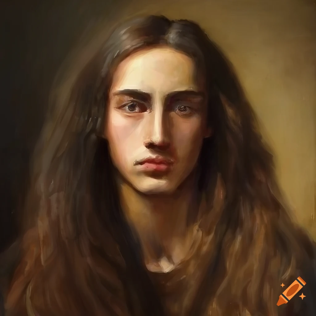 Young man with long black hair in pre-raphaelite style on Craiyon