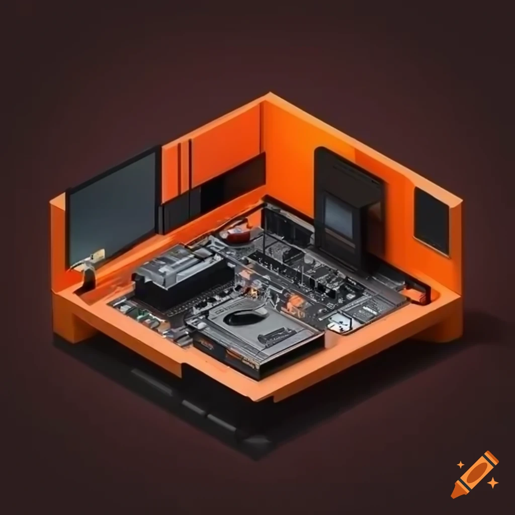 Minimalist isometric dj studio with orange aesthetics on Craiyon