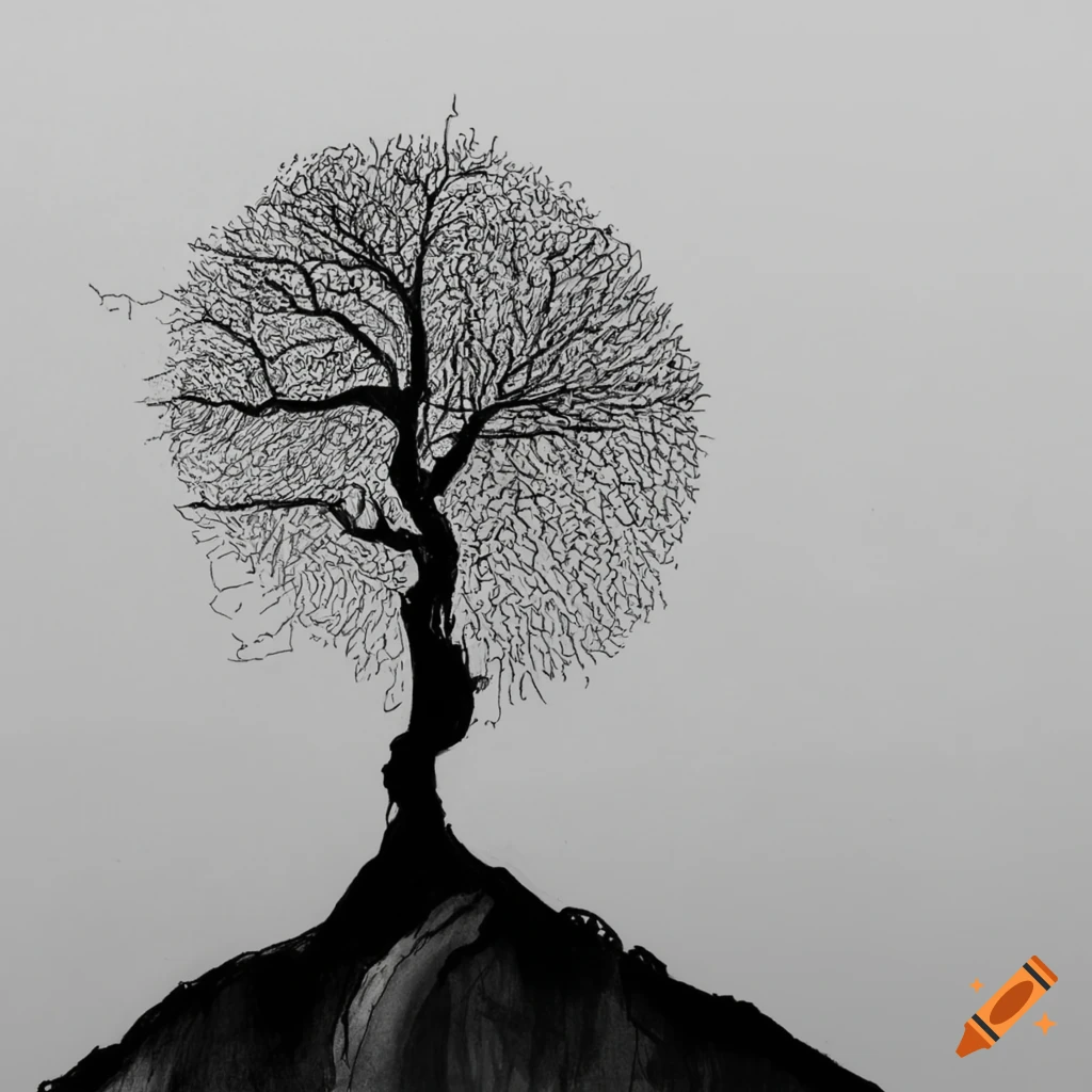 Black ink drawing of a man on a tree on a devastated hill