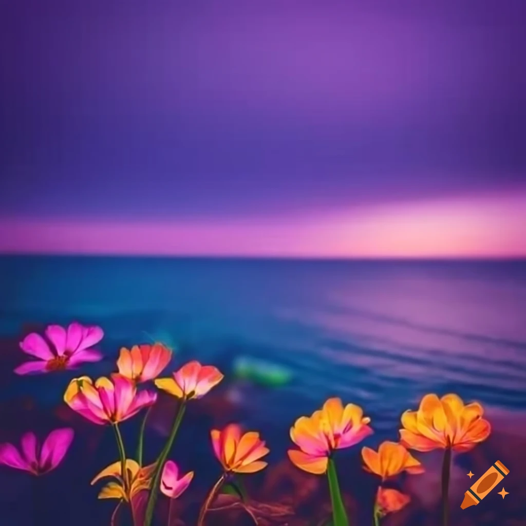 Blooming flowers on the sea with purple sky on Craiyon