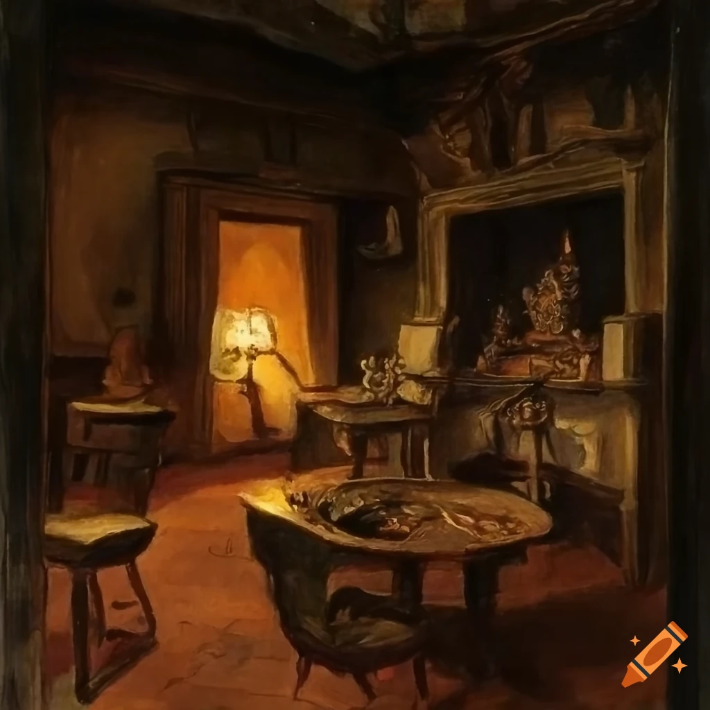 Dark medieval sitting room with warm fireplace