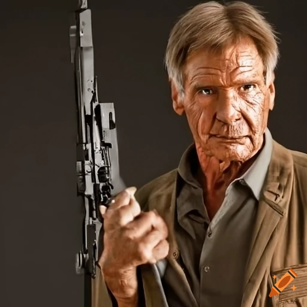 Harrison ford as indiana jones with an assault rifle