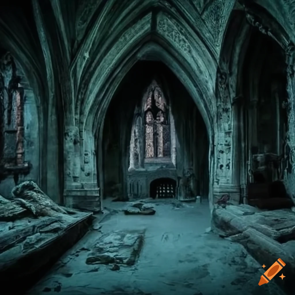 Image of a haunted medieval hall with open tombs on Craiyon