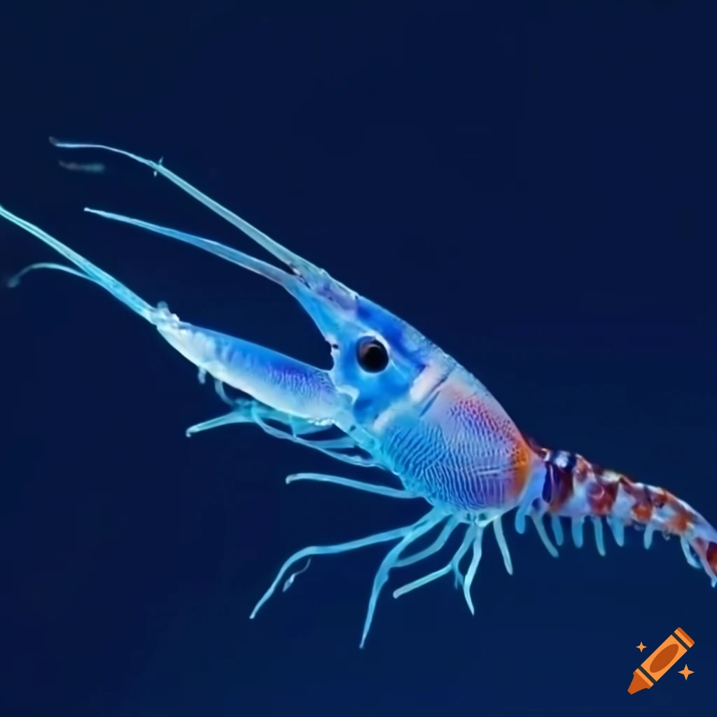 Transparent shrimp in the blue ocean on Craiyon