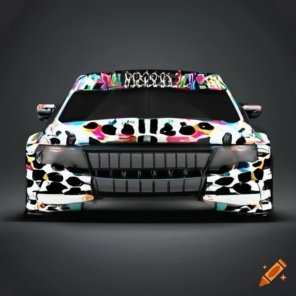 Psychedelic racing saloon car with black and white chequered livery on ...