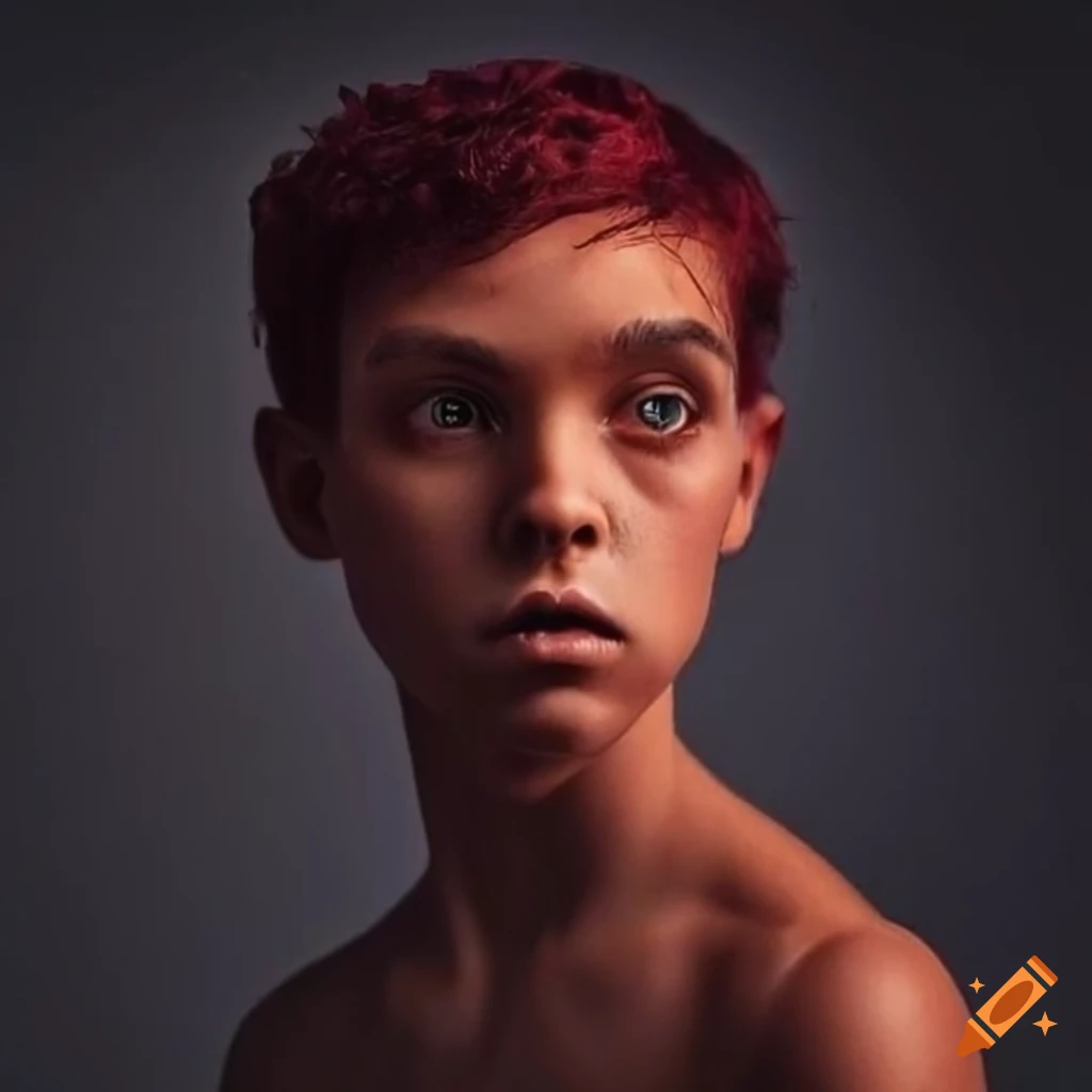 Art of a brown-skinned alien boy with curly maroon hair on Craiyon