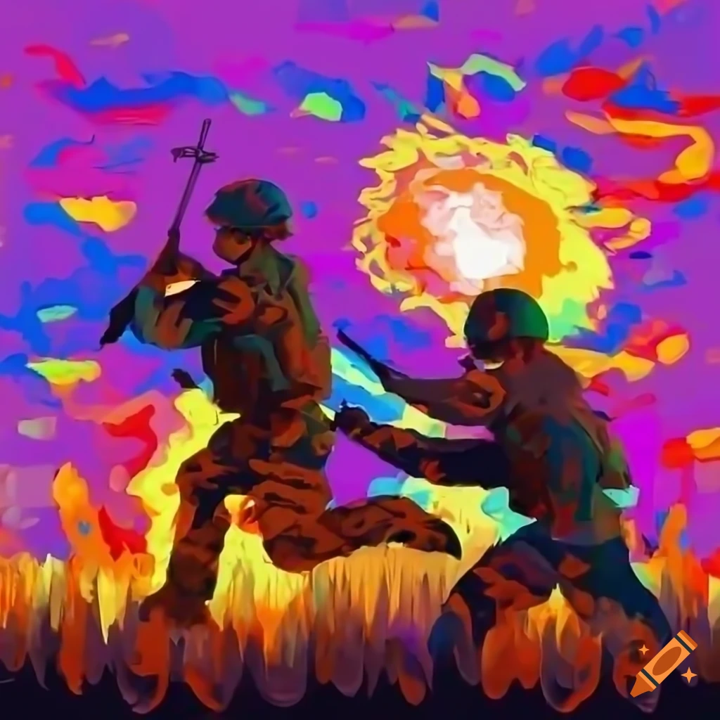 Battle scene with two fighters and flames in the background on Craiyon