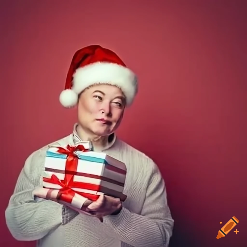 Elon musk with gifts wearing a christmas hat on Craiyon
