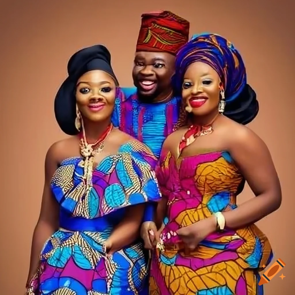 Nigerian man with his four wives in traditional attire on Craiyon