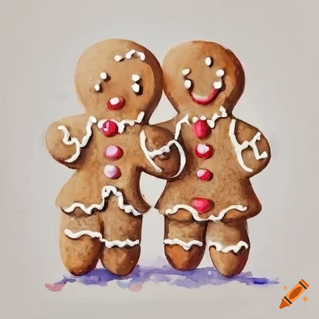 Watercolor painting of gingerbread couple getting married on Craiyon