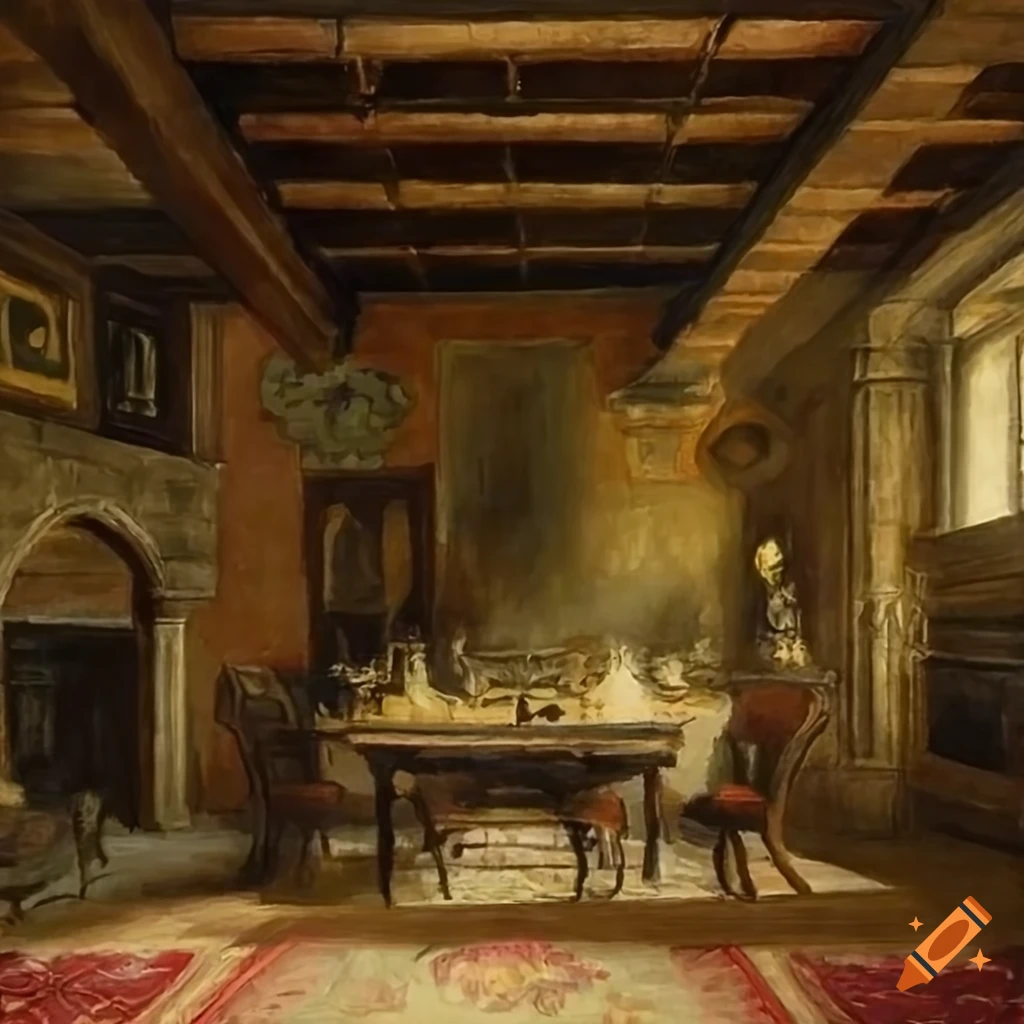 Luxurious medieval dining room with fireplace