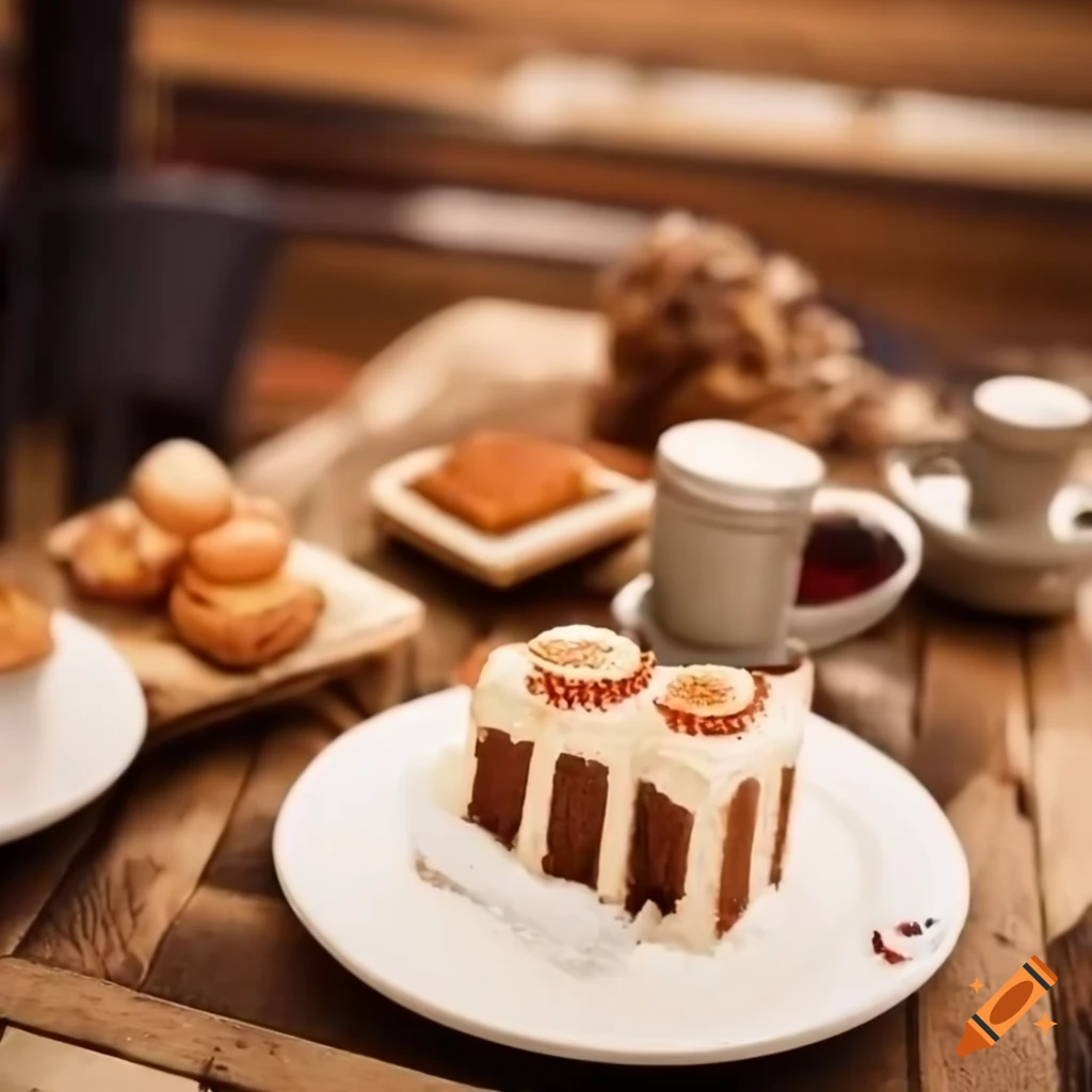 Cozy cafe interior with coffee and cakes on the table on Craiyon