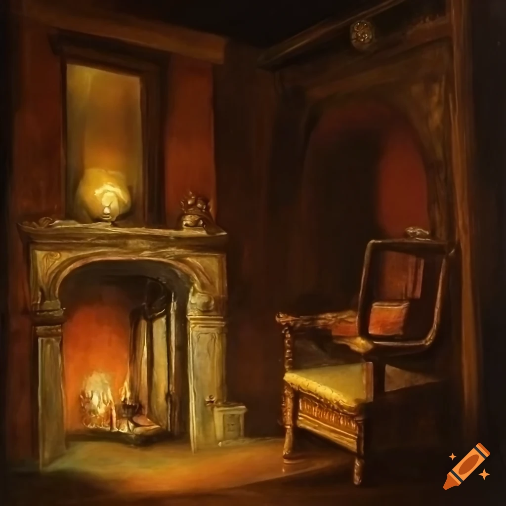 Oil painting of a cozy medieval common room with firelight