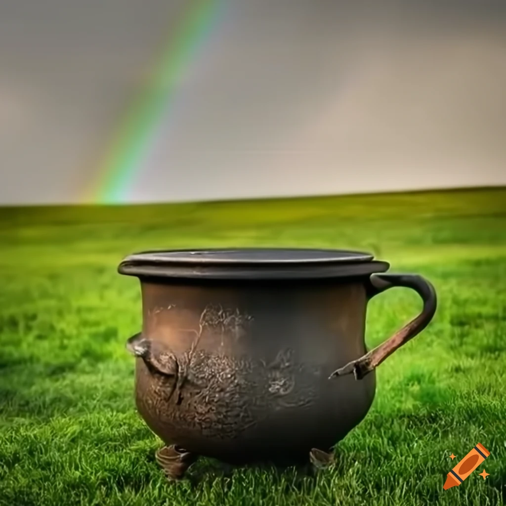 Cauldron at the end of a rainbow in a green field