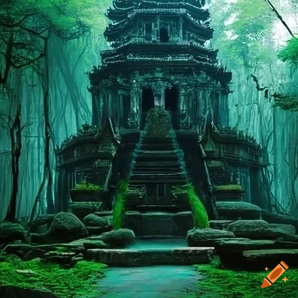 Temple in a lush jungle forest in high definition on Craiyon