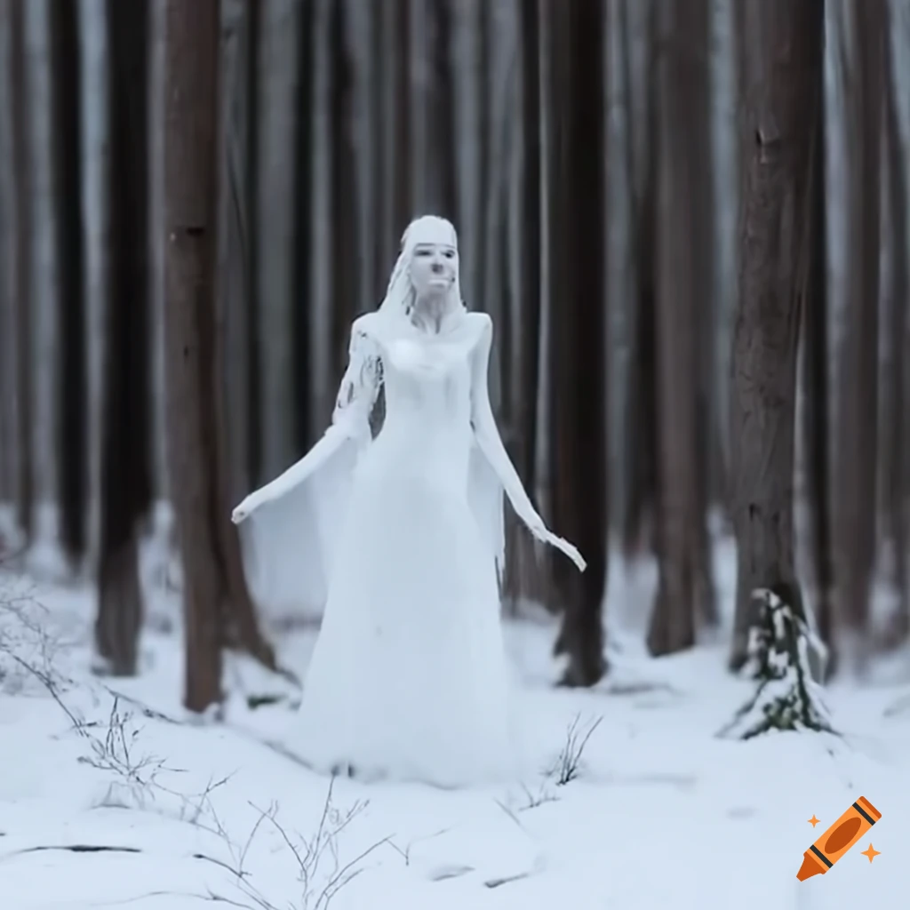 Image of a mystical white witch in a snowy forest on Craiyon