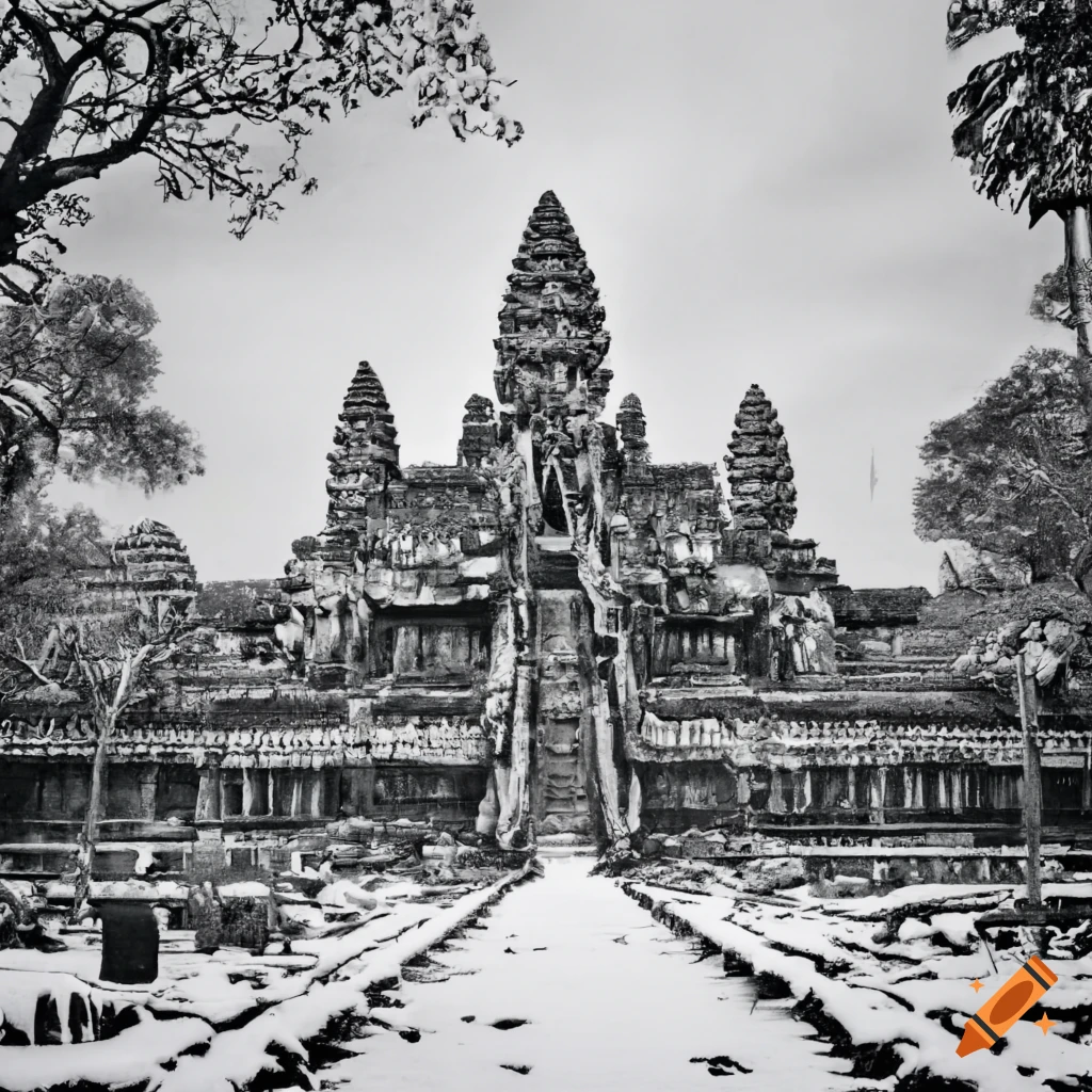 Ankor wat ruins frozen in ice during a snowstorm on Craiyon