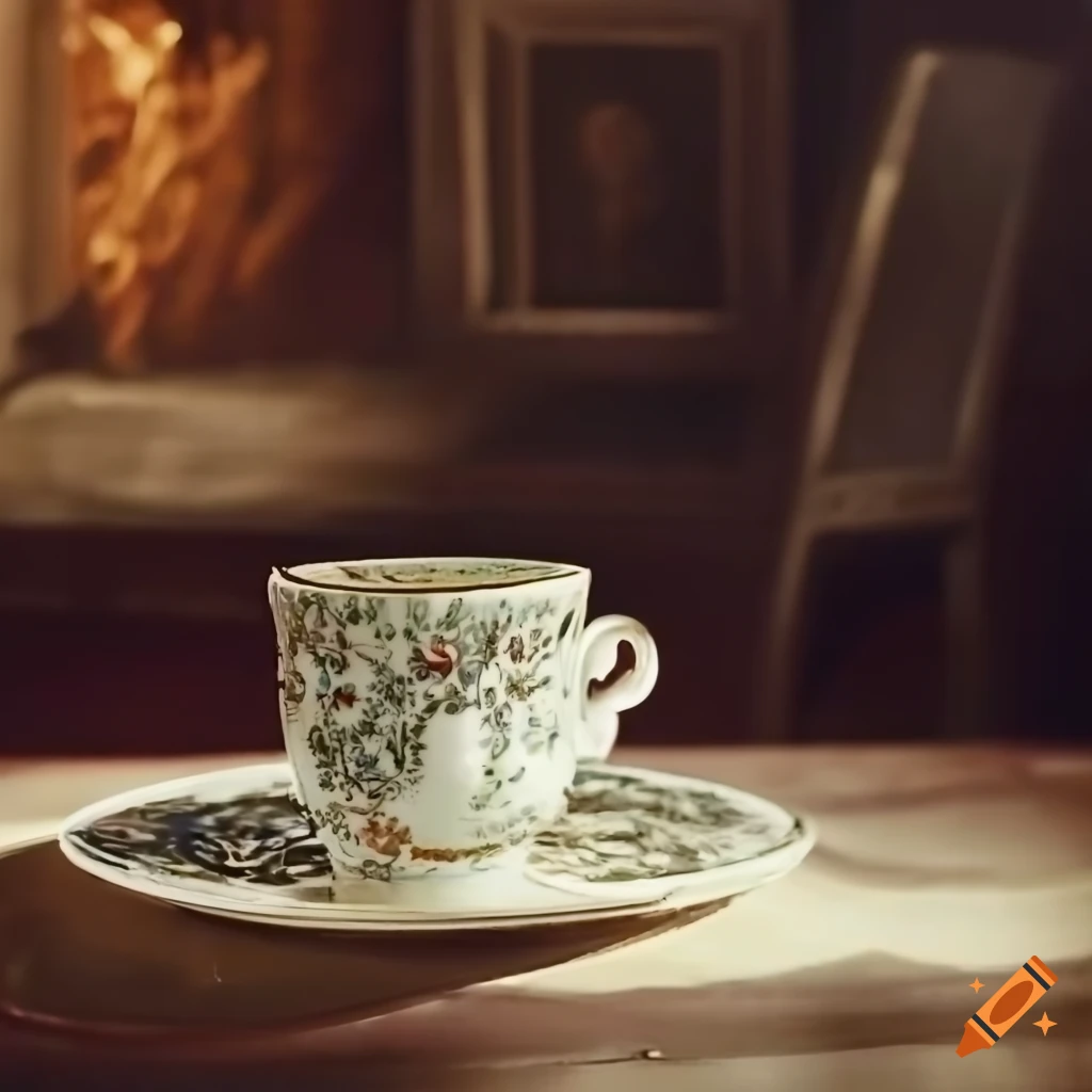 Ornate cup of tea on wooden table in a medieval parlor on Craiyon